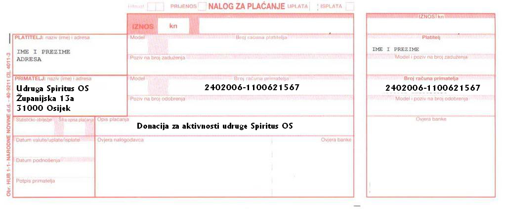 Primjer uplatnice za donaciju – SPIRITUS OS